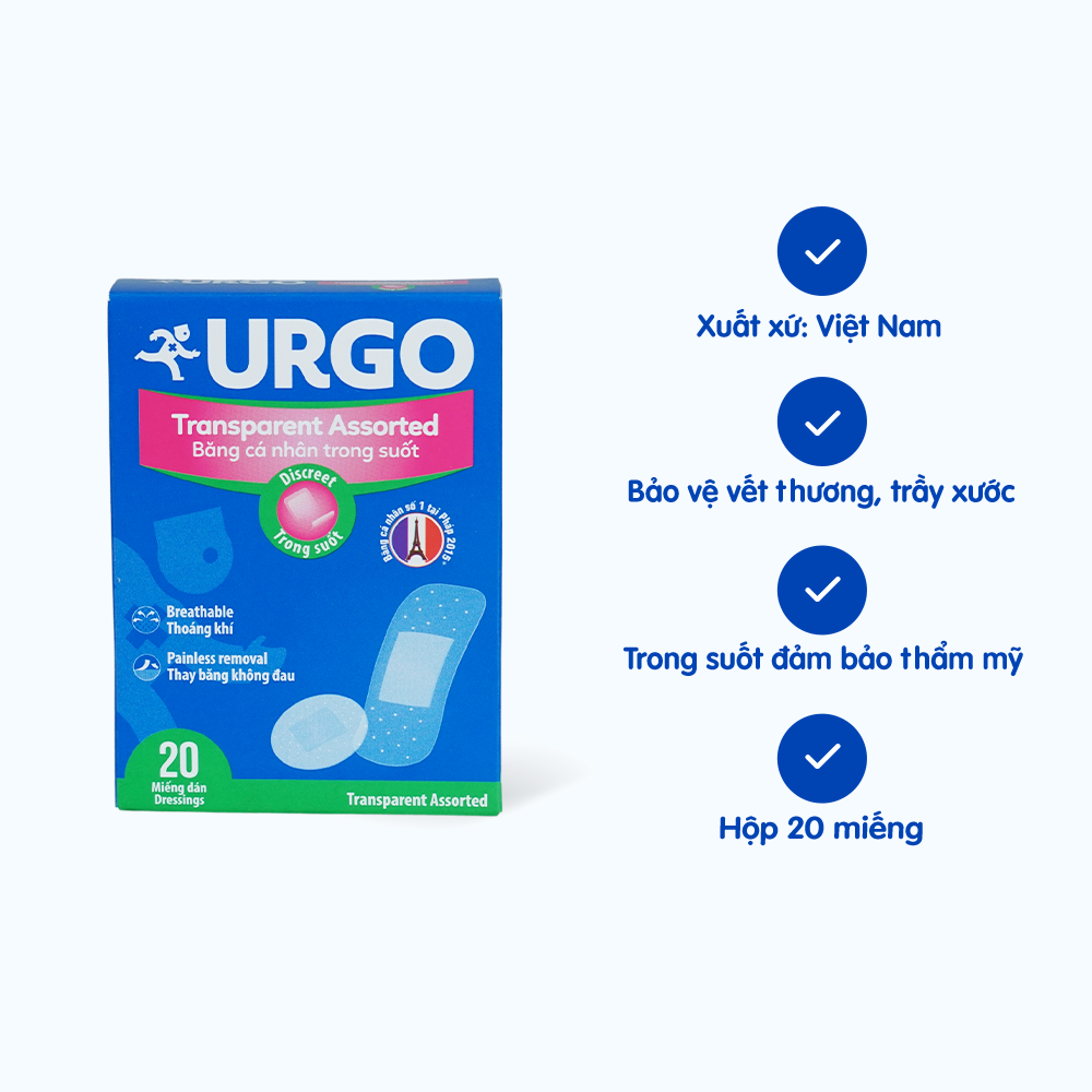Băng cá nhân trong suốt URGO Transparent Assorted bảo vệ vết thương nhỏ ...