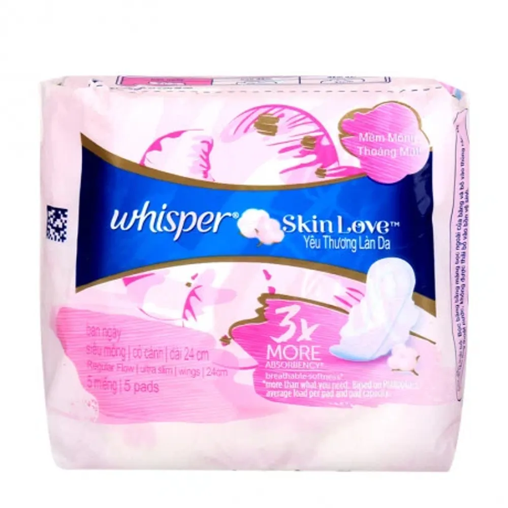 Băng vệ sinh ban ngày mềm mỏng có cánh 24cm Whisper (5 miếng/gói)