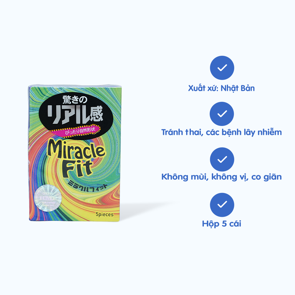 Bao cao su SAGAMI Miracle Fit gân nổi, có màu (hộp 5 cái)