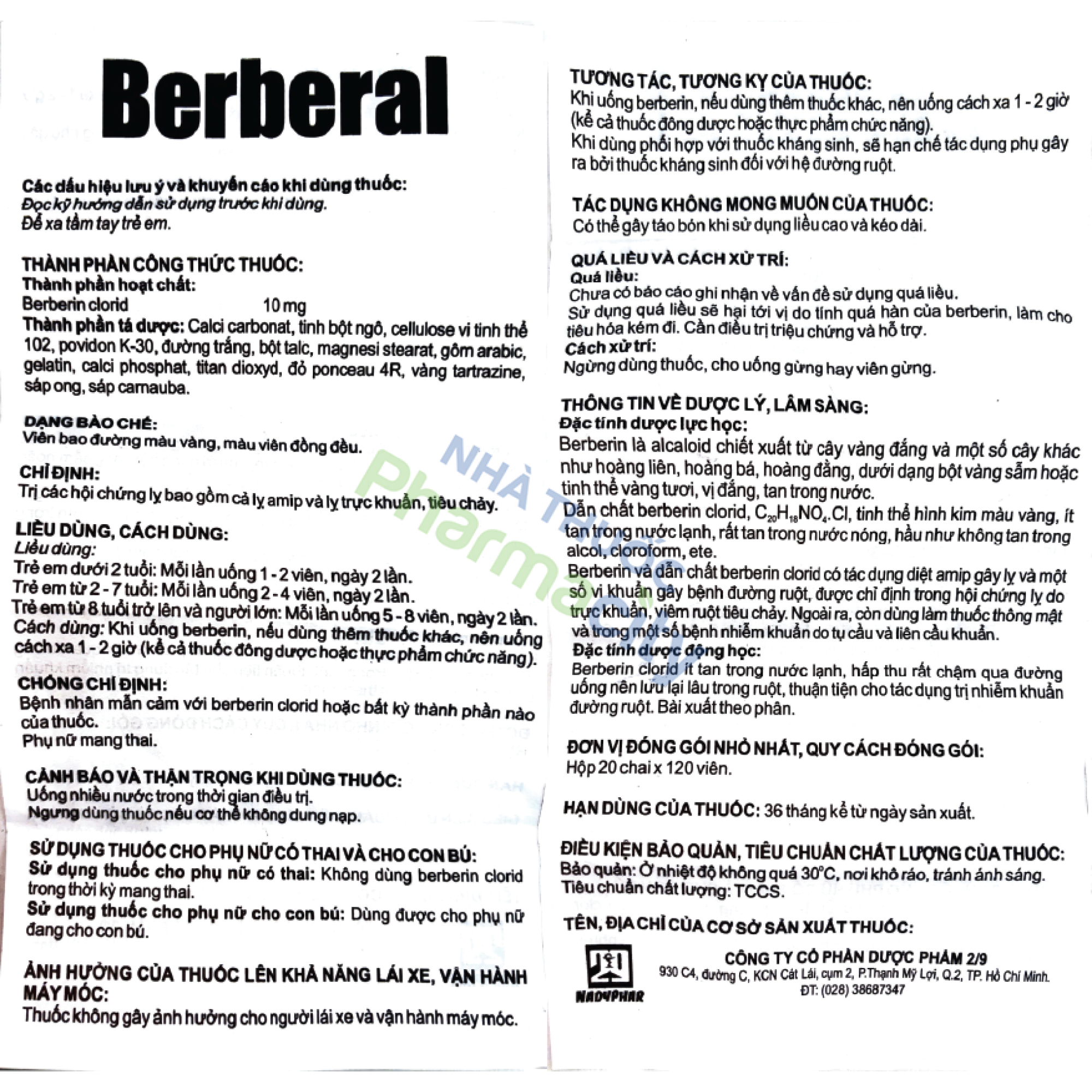 Viên nén bao đường Berberal 10mg trị lỵ trực khuẩn, lỵ amip, viêm ruột ...
