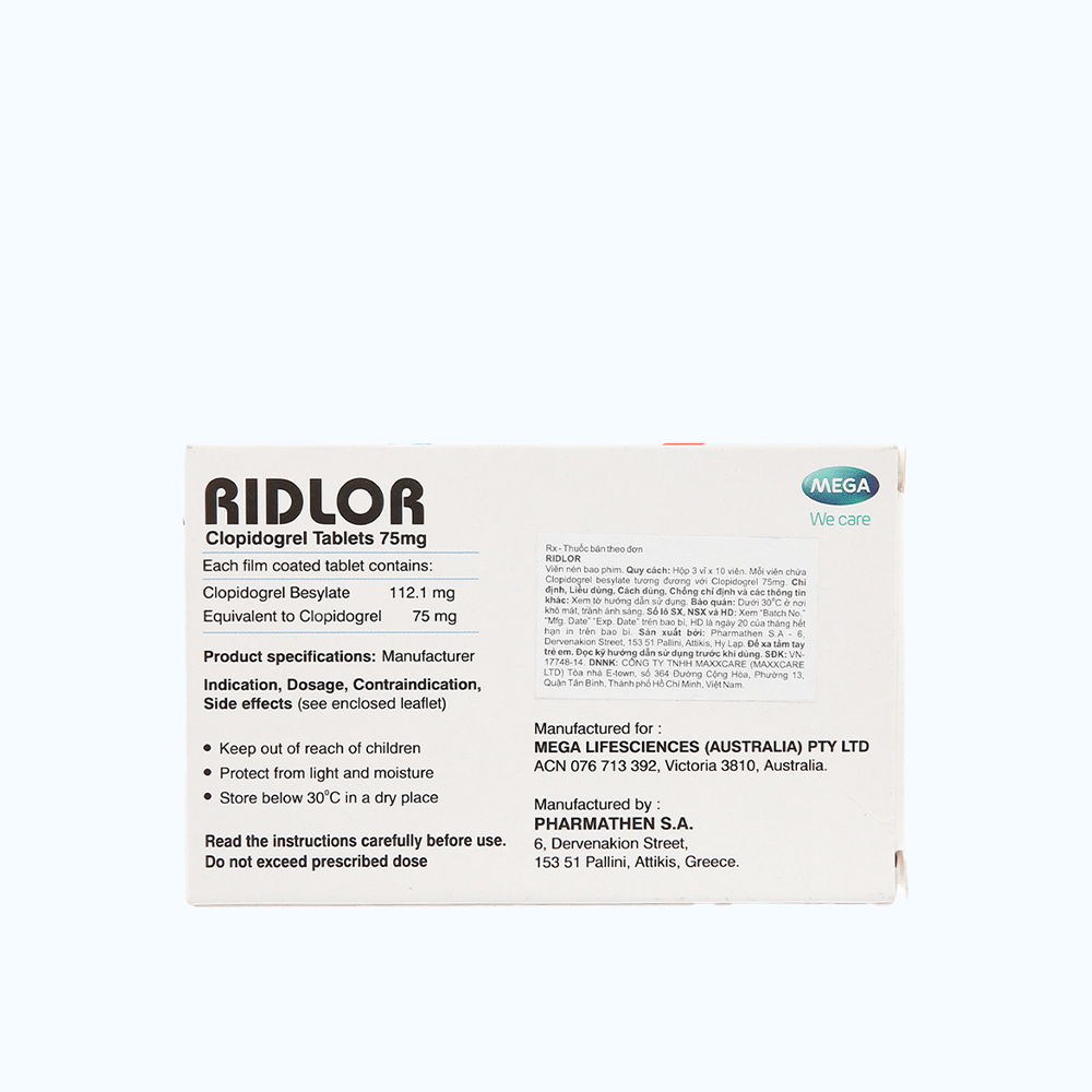 Viên nén Ridlor 75mg ngăn ngừa tai biến đông máu (3 vỉ x 10 viên)