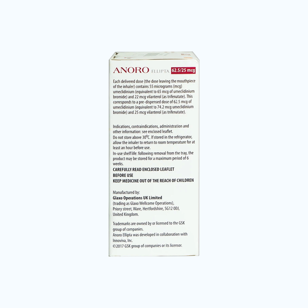 Bột hít phân liều Anoro Ellipta 62,5/25mcg trị giãn phế quản (hộp có 1 ...