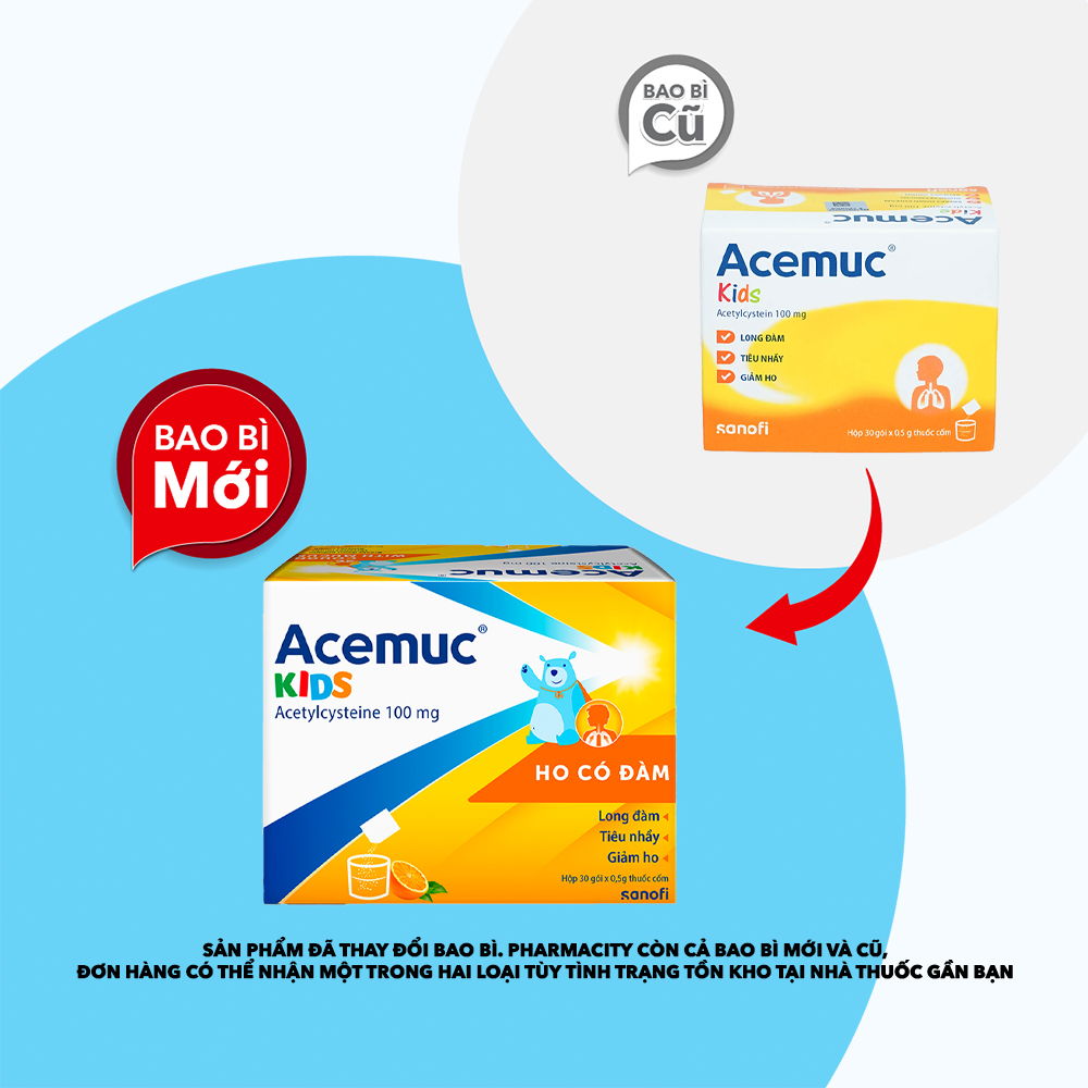 Thuốc cốm Acemuc 100mg tiêu chất nhầy trong bệnh nhầy nhớt (hộp 30 gói)