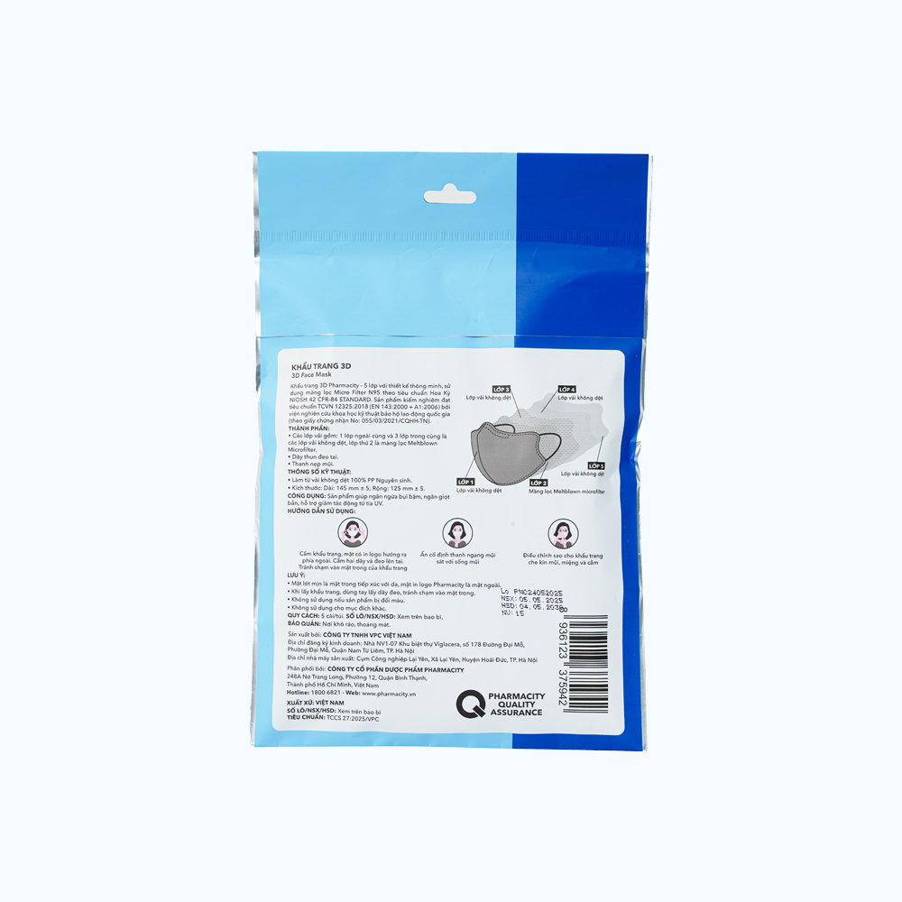 Khẩu trang 3D Pharmacity (Gói 5 cái) màu trắng - 5 lớp