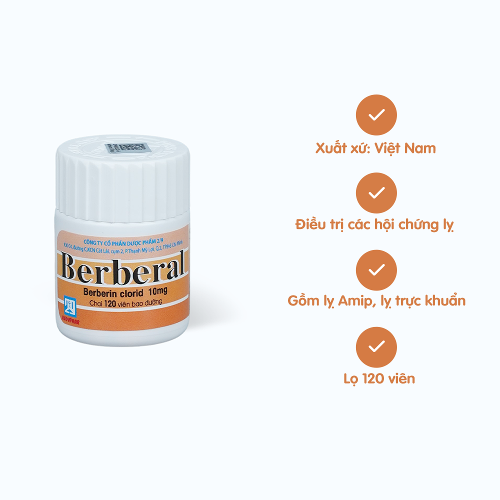 Viên nén bao đường Berberal 10mg trị lỵ trực khuẩn, lỵ amip, viêm ruột ...