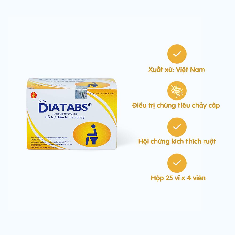 Viên nén Diatabs 600mg điều trị tiêu chảy, rối loạn tiêu hóa (25 vỉ x 4 ...