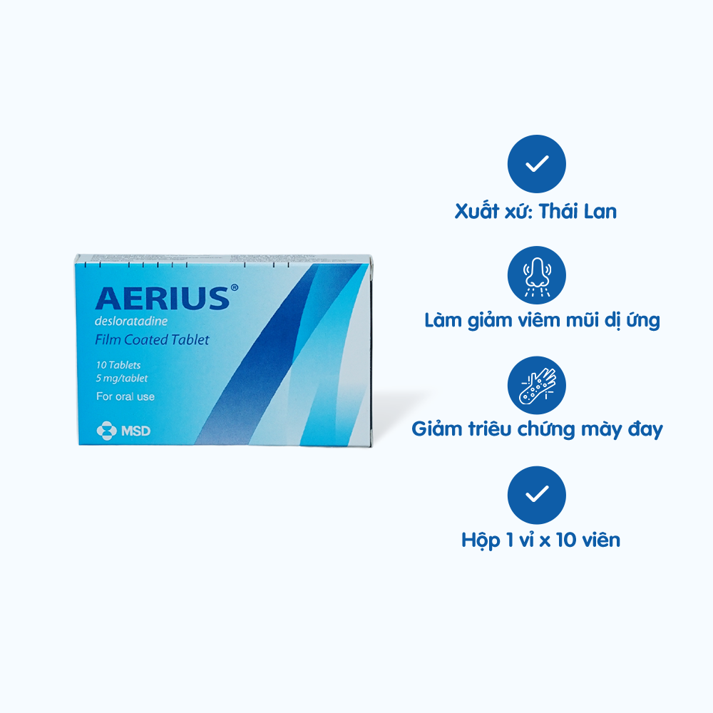 Viên nén Aerius 5mg trị viêm mũi dị ứng, mày đay, ngứa (1 vỉ x 10 viên)