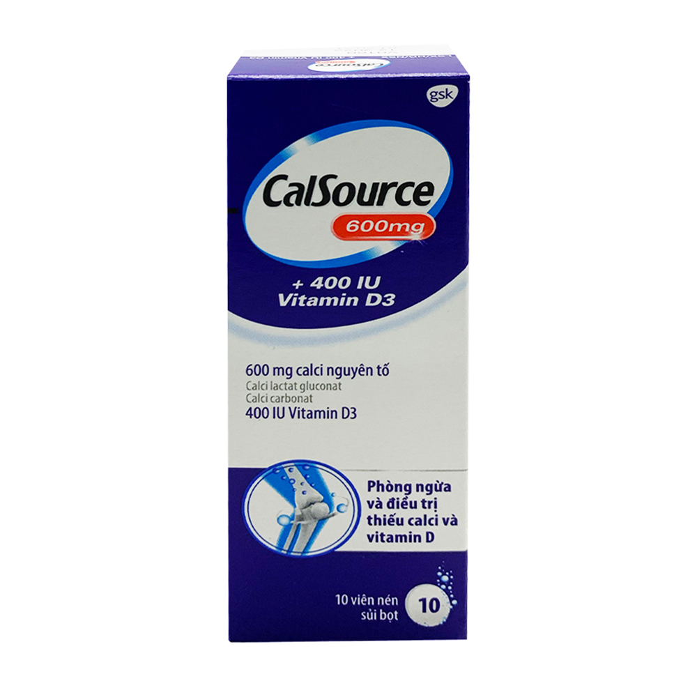 Viên nén sủi bọt CalSource 600mg/400IU bổ sung calci, D3, phòng và trị ...
