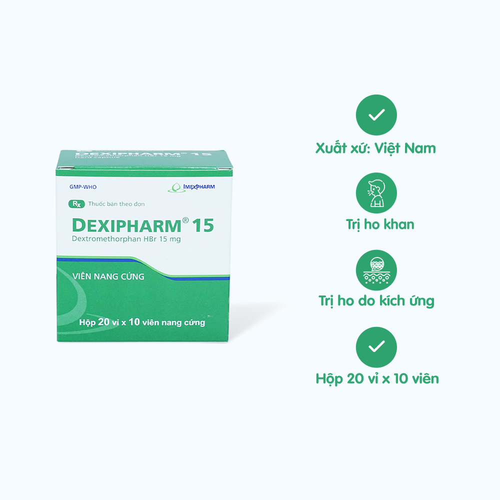 Viên nang Dexipharm 15mg trị ho khan do kích thích (20 vỉ x10 viên)
