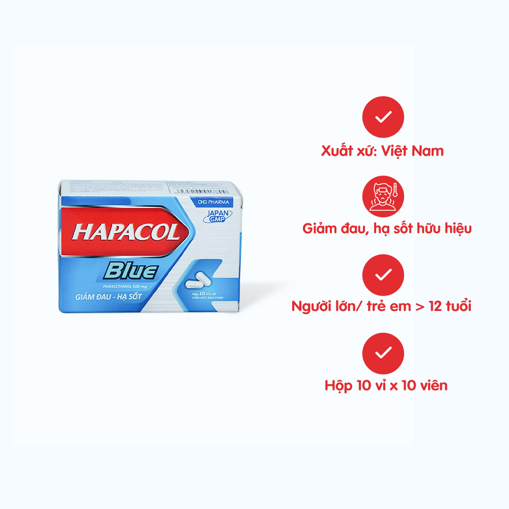 Viên nén Hapacol Blue 500mg giảm đau, hạ sốt (10 vỉ X 10 viên)