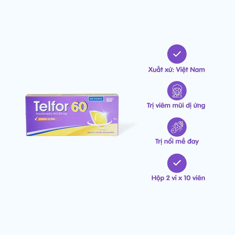 Viên nén Telfor 60mg trị viêm mũi dị ứng, mày đay (2 vỉ X 10 viên)