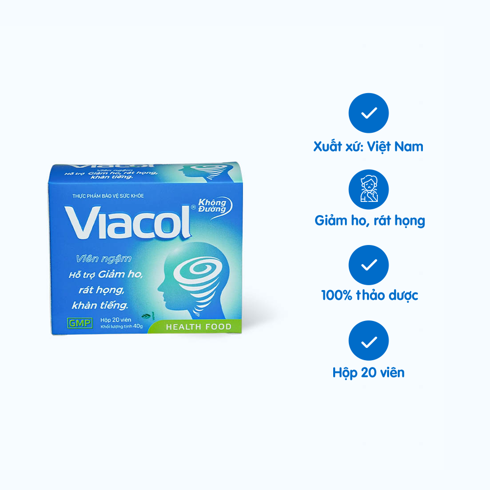 Viên ngậm Viacol hỗ trợ giảm ho, rát họng, khàn tiếng (Hộp 5 vỉ x 4 viên)