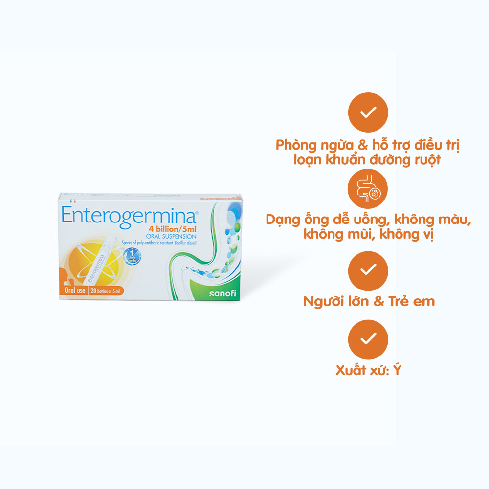 Men vi sinh Enterogermina 4 tỷ/5ml trị rối loạn tiêu hóa Cấp và mạn tính.
