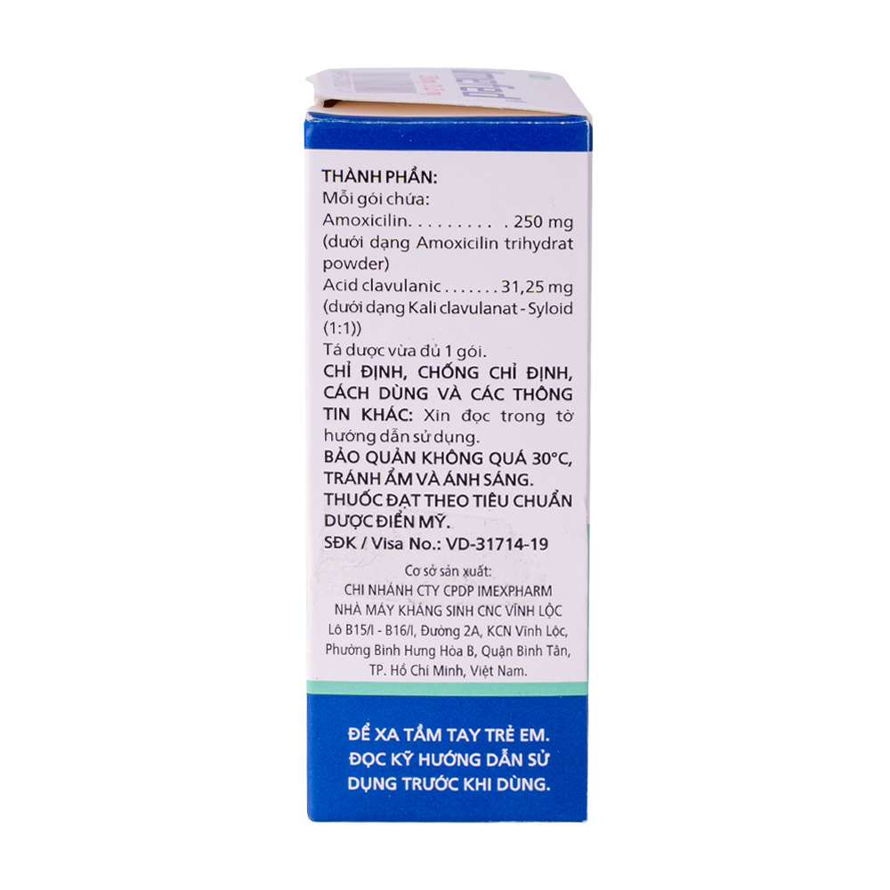 Bột pha uống Imefed 250mg/31,25mg điều trị nhiễm khuẩn (hộp 12 gói)