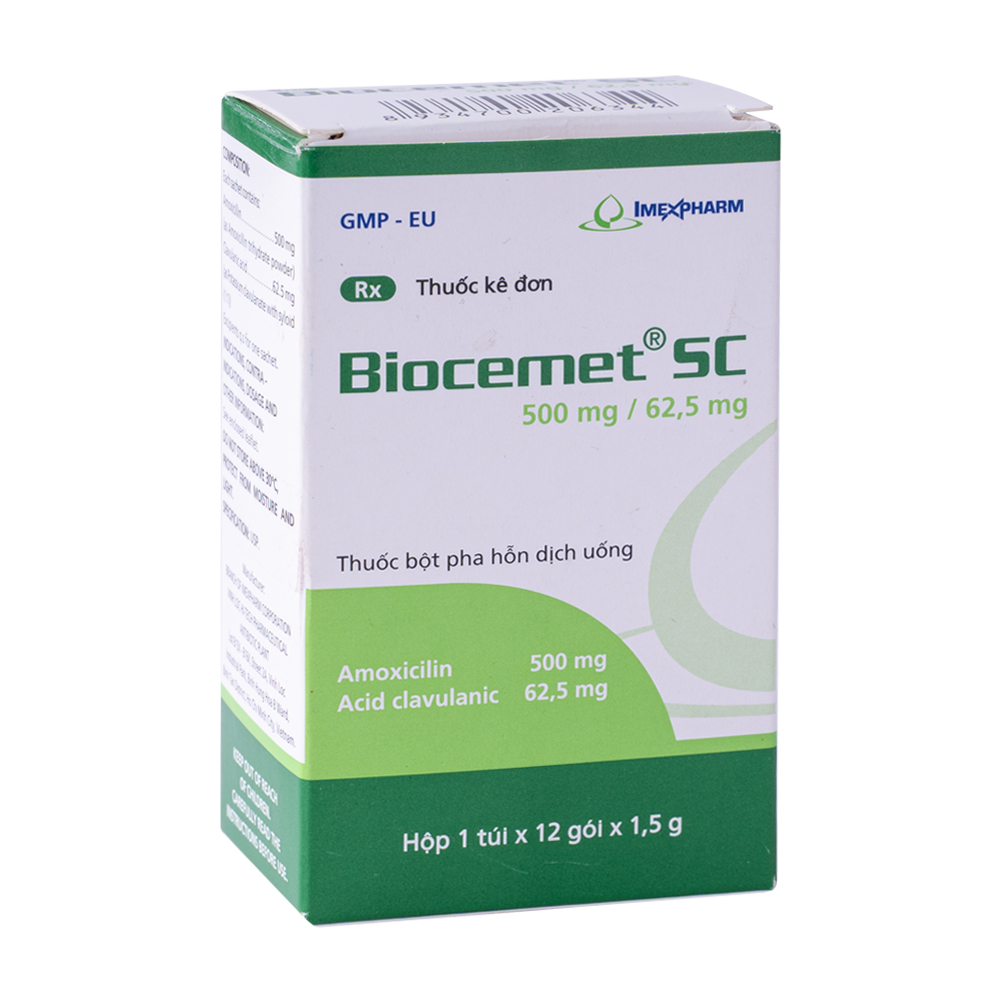 Bột pha uống Biocemet SC 500mg/62.5mg điều trị nhiễm khuẩn (hộp 12 gói)