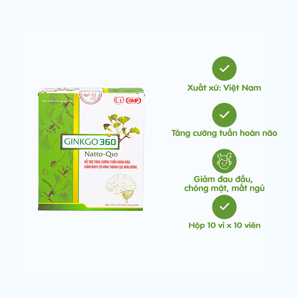 Viên uống ABIPHA Ginkgo 360 Natto Q10 hỗ trợ tăng cường tuần hoàn não (10 vỉ x 10 viên)