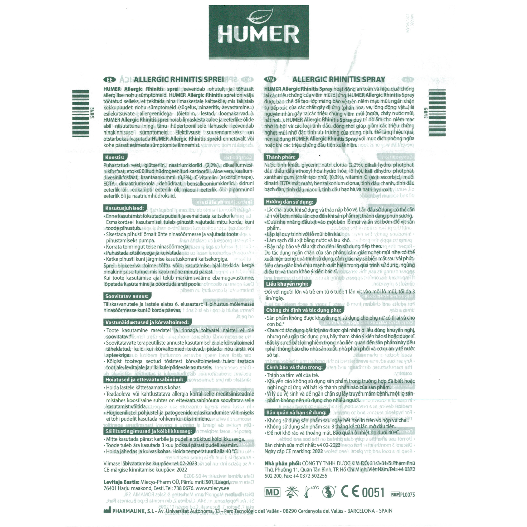 Dung dịch xịt mũi HUMER ALLERGIC RHINITIS hỗ trợ giảm viêm mũi dị ứng 20ml